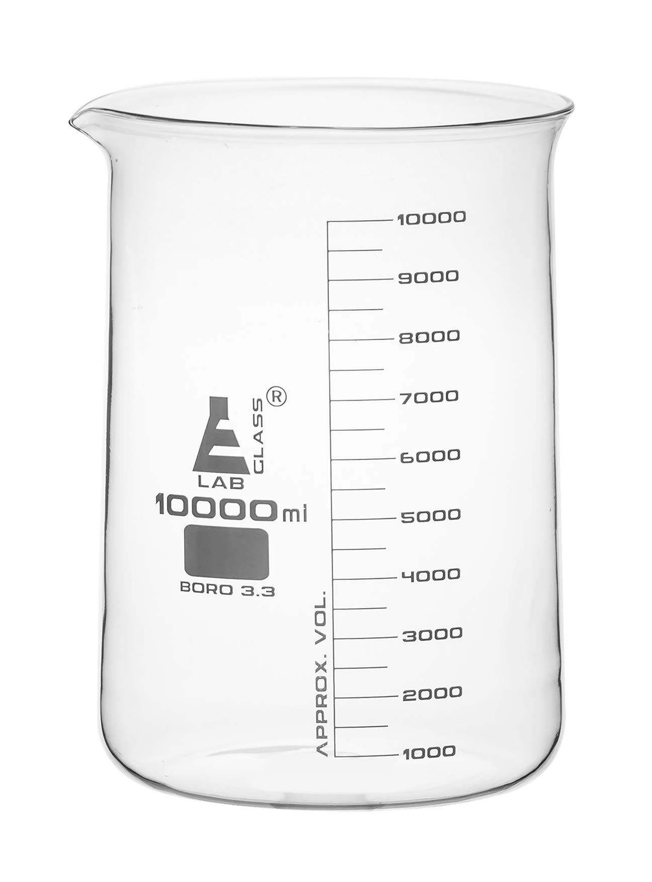 EISCO Beaker, 10,000ml - Low Form with Spout - White, 500ml Graduations - Borosilicate 3.3 Glass - 10L Beaker, Large Beaker