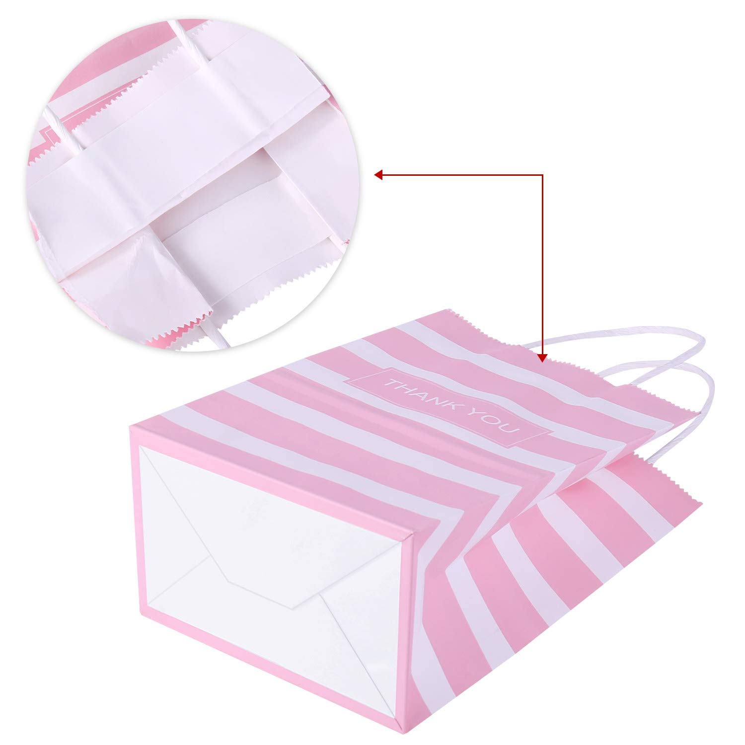 Ronvir 50Pcs Gift Bags Small 5.25 x 3.25 x 8 Inch Pink Gift Bags Striped Thank You Bags Paper Bags For Gifts, Business, Party, Baby Shower, Shopping, Goodie, Graduation, Christmas