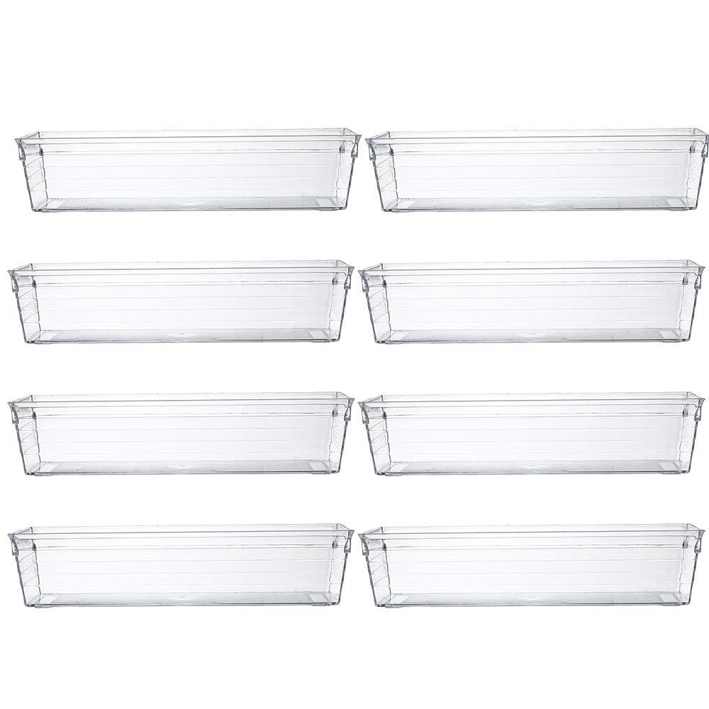 Backerysupply Clear Plastic Drawer Organizer Tray for Vanity Cabinet (9"×3"×2"，Set of 8),Storage Tray for Makeup, Kitchen Utensils, Jewelries, and Gadgets