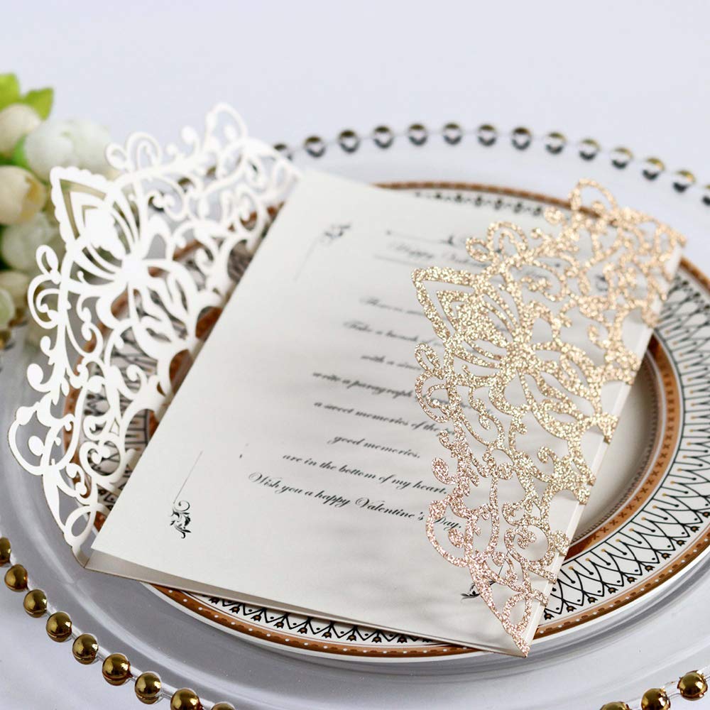 Wedding Invitation Cards,10PCS Hollow Floral Design Invites Card with Ribbon Best for Bridal Showers, Engagement Parties, Includes 10x [Covers + Blank Card +Ribbon] (Glitter Silver)