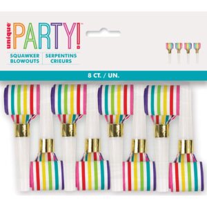 Unique Vibrant Rainbow Stripe Squawker Blowouts, 8 Count, Eco-Friendly Paper Celebration Noise Makers - Perfect For Birthday Parties & Events