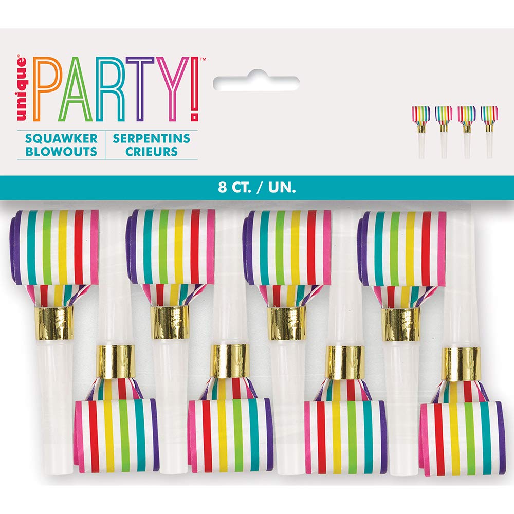 Unique Vibrant Rainbow Stripe Squawker Blowouts, 8 Count, Eco-Friendly Paper Celebration Noise Makers - Perfect For Birthday Parties & Events