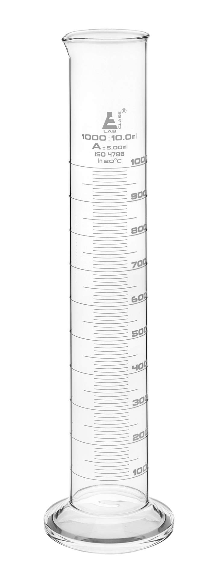 EISCO Graduated Cylinder, 1000ml - Class A Tolerance ±5.00ml - Round Base - White Graduations - Borosilicate 3.3 Glass