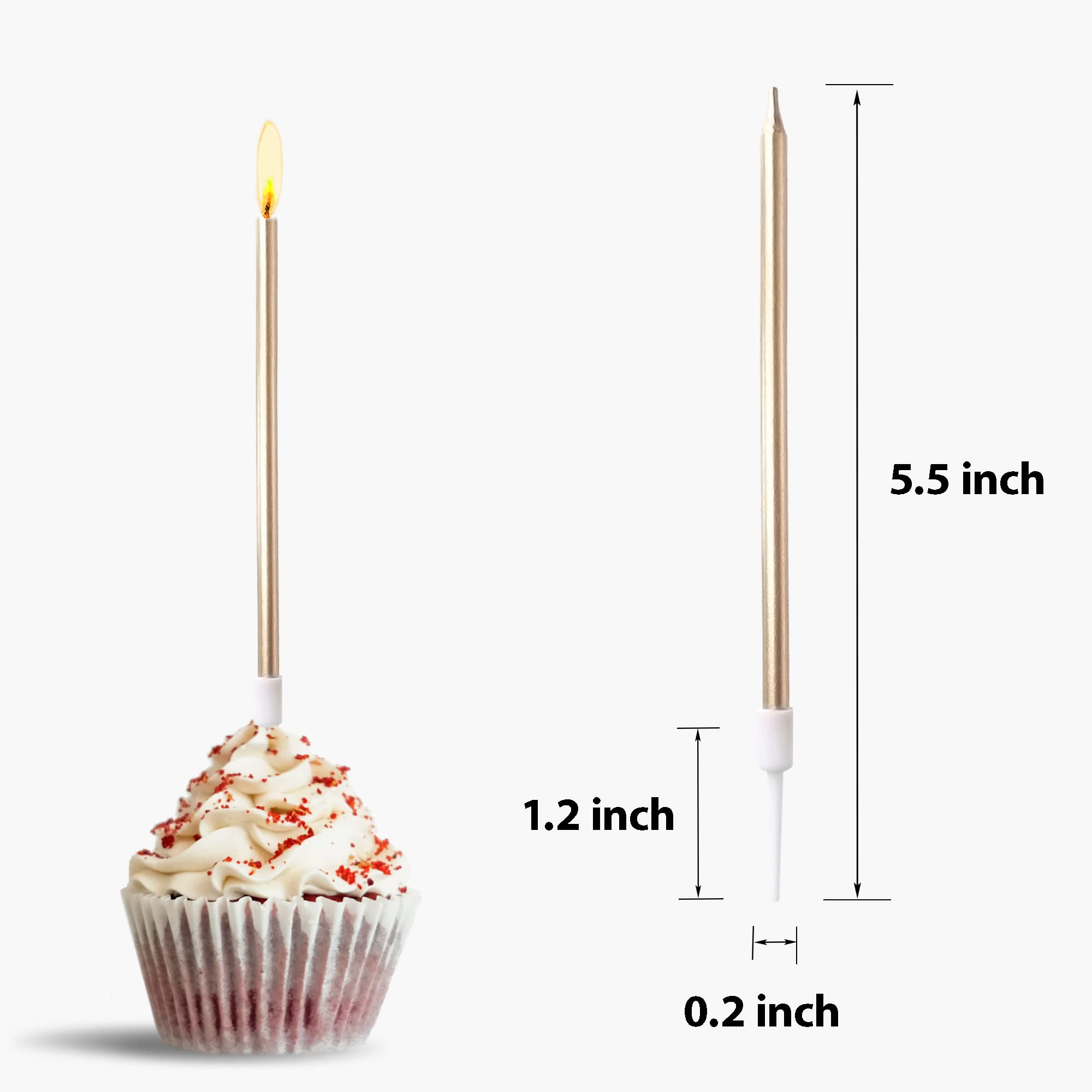 Aplusplanet 24 Count Champagne Gold Birthday Cake Candles, Metallic Long Thin Cake Candle in Holder for Cupcake Wedding, Shower, Party Decorations