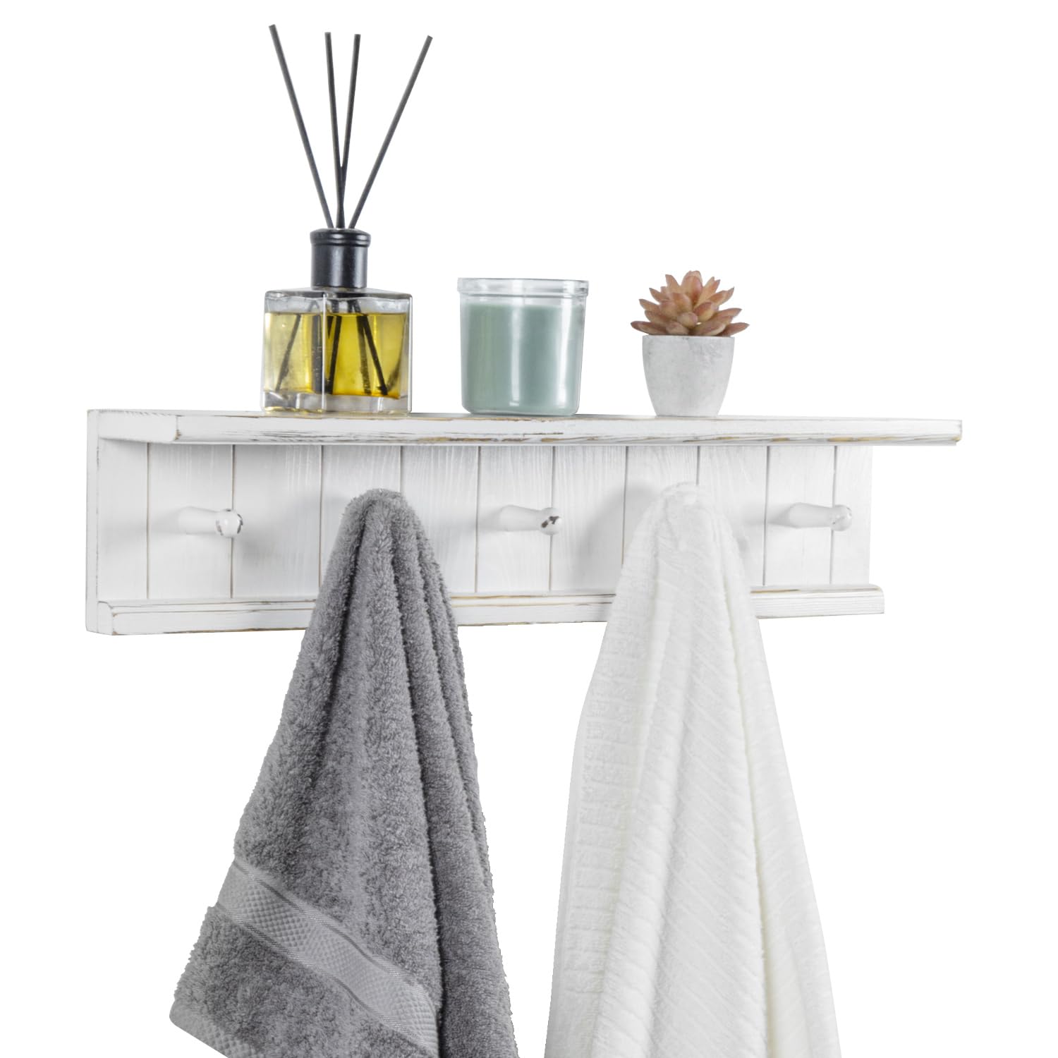 MyGift Wall Mounted 5-Hook Vintage White Wood Floating Bathroom Shelf & Towel Rack