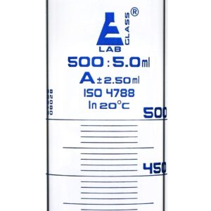 EISCO Graduated Cylinder, 500ml - Class A Tolerance ±2.50ml - Hexagonal Base - Blue Graduations - Borosilicate 3.3 Glass