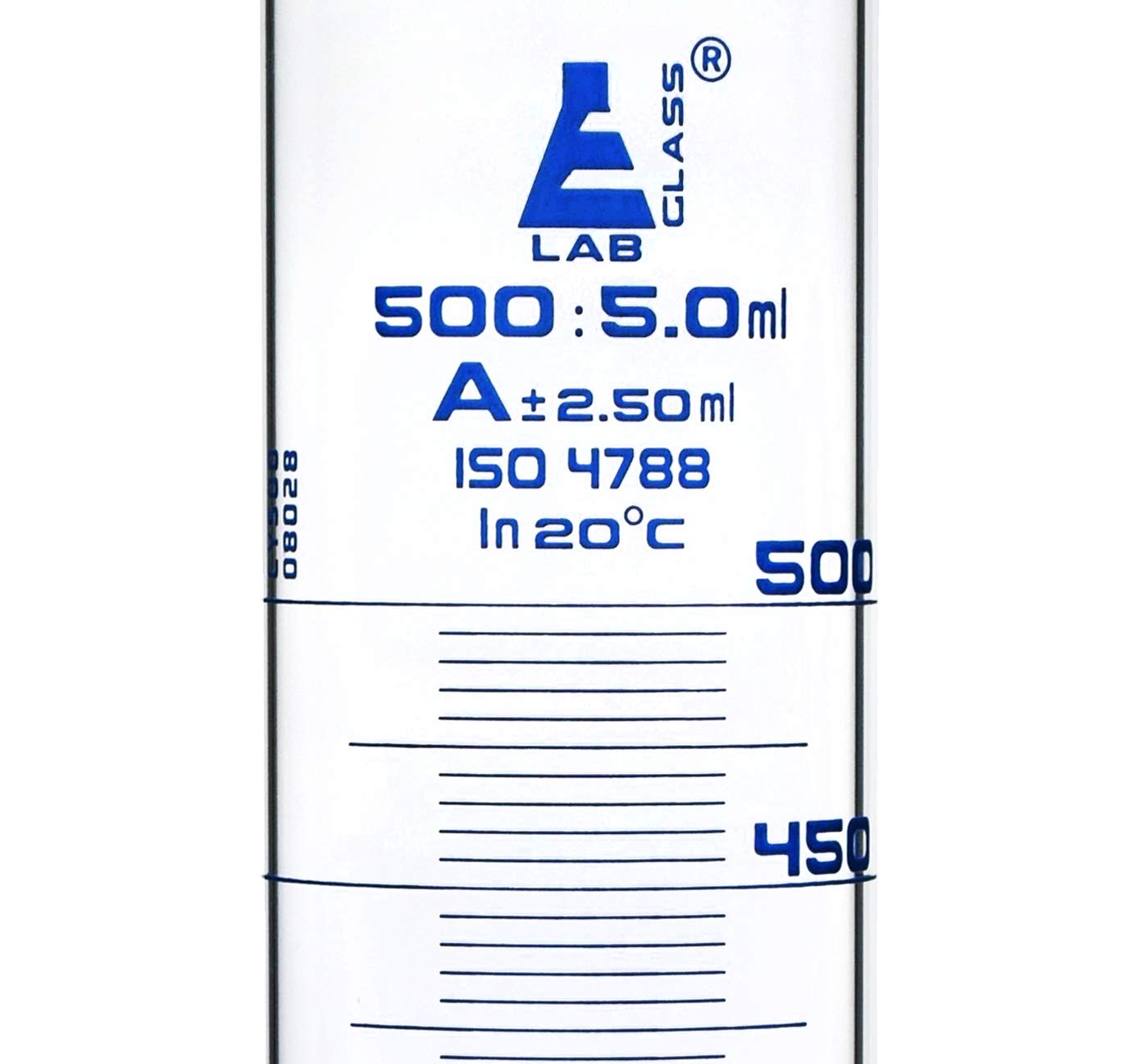 EISCO Graduated Cylinder, 500ml - Class A Tolerance ±2.50ml - Hexagonal Base - Blue Graduations - Borosilicate 3.3 Glass