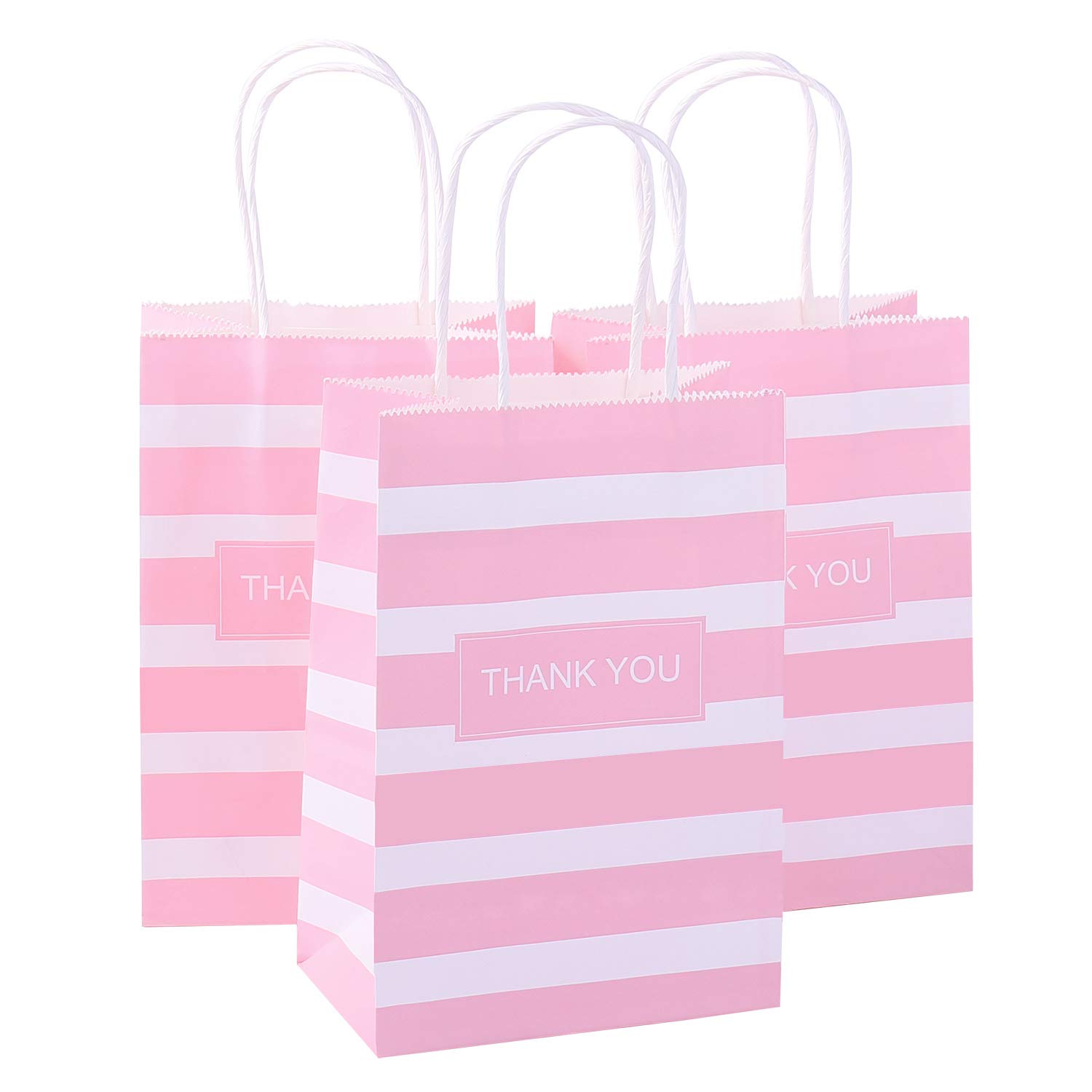 Ronvir 50Pcs Gift Bags Small 5.25 x 3.25 x 8 Inch Pink Gift Bags Striped Thank You Bags Paper Bags For Gifts, Business, Party, Baby Shower, Shopping, Goodie, Graduation, Christmas