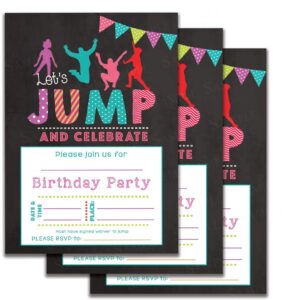 set of 25 jumping kids birthday party invitations for trampoline park gravitopia, jump zone big air party with envelopes.