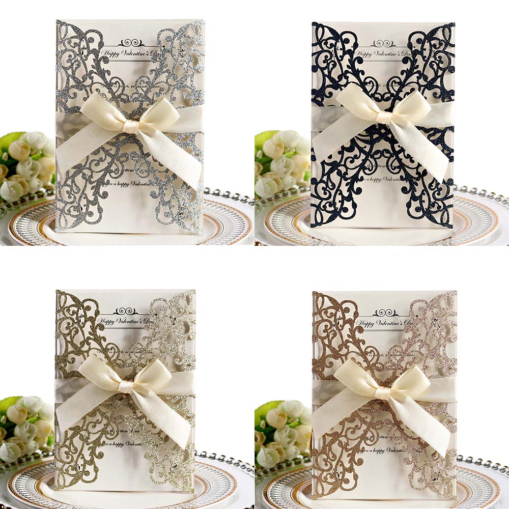 Wedding Invitation Cards,10PCS Hollow Floral Design Invites Card with Ribbon Best for Bridal Showers, Engagement Parties, Includes 10x [Covers + Blank Card +Ribbon] (Glitter Silver)