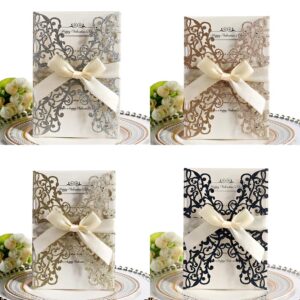 Wedding Invitation Cards,10PCS Hollow Floral Design Invites Card with Ribbon Best for Bridal Showers, Engagement Parties, Includes 10x [Covers + Blank Card +Ribbon] (Glitter Silver)