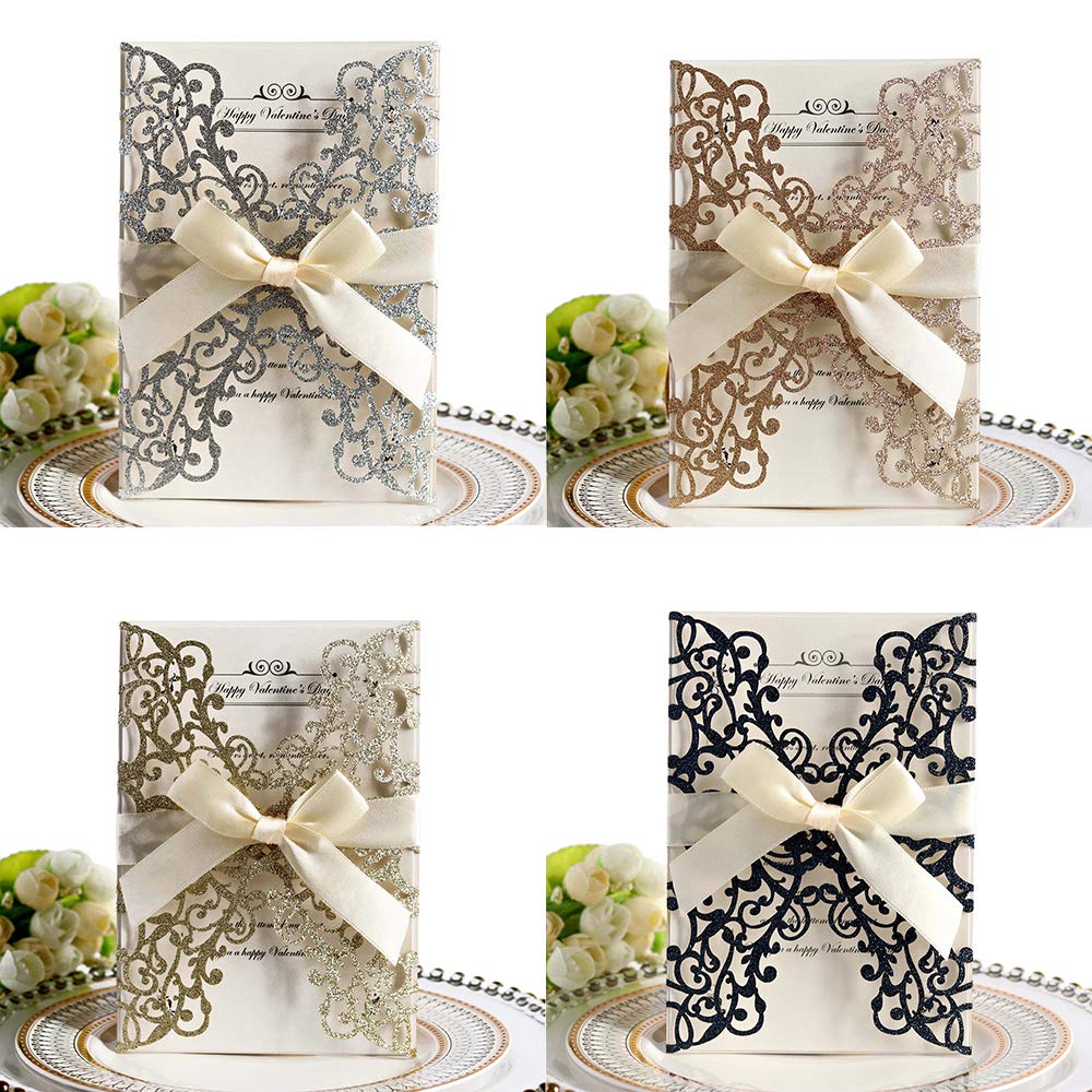 Wedding Invitation Cards,10PCS Hollow Floral Design Invites Card with Ribbon Best for Bridal Showers, Engagement Parties, Includes 10x [Covers + Blank Card +Ribbon] (Glitter Silver)