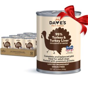 dave's pet food grain free wet dog food (95% turkey & turkey liver), made in usa single-source protein, limited ingredients added vitamins & minerals, 12.5 oz cans (case of 12)