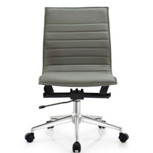 2xhome Modern Office Desk Chair | Upholstered PU Leather Ribbed Armless Mid Back with Metal Frame | Adjustable Height, Tilt Lock | Computer, Home, Executive, Conference, Meetings, Gray