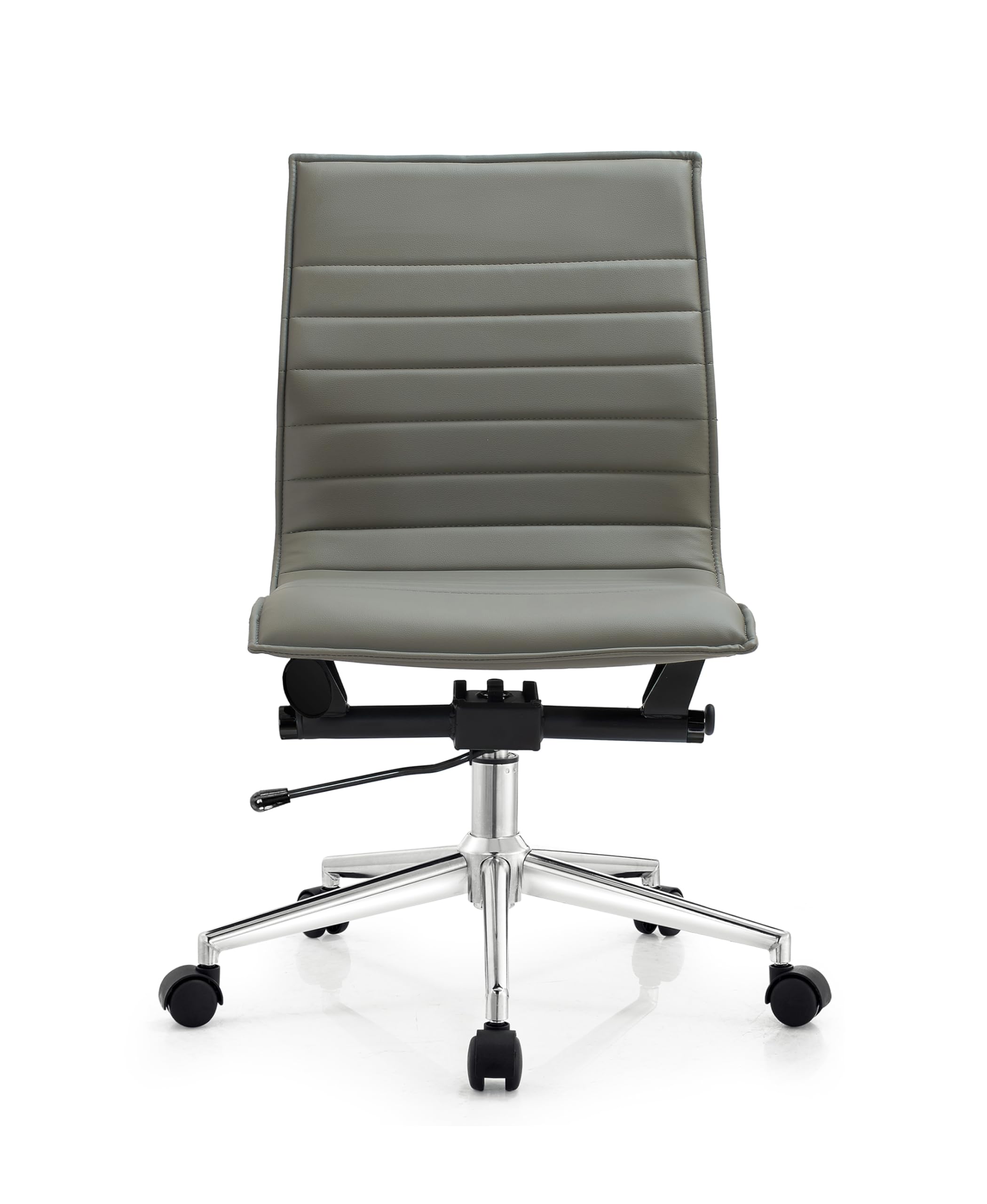 2xhome Modern Office Desk Chair | Upholstered PU Leather Ribbed Armless Mid Back with Metal Frame | Adjustable Height, Tilt Lock | Computer, Home, Executive, Conference, Meetings, Gray