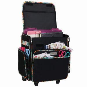 everything mary black & floral rolling scrapbook storage tote - scrapbooking storage case for rings, paper, binder, crafts, beads, scissors - telescoping handle with dual wheels