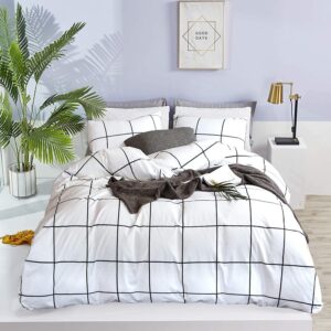 wellboo white plaid duvet cover set queen size black and white grid bedding cover cotton modern large plaid checkered quilt covers soft durable buffalo plaid geometric duvet covers breathable 3 pieces