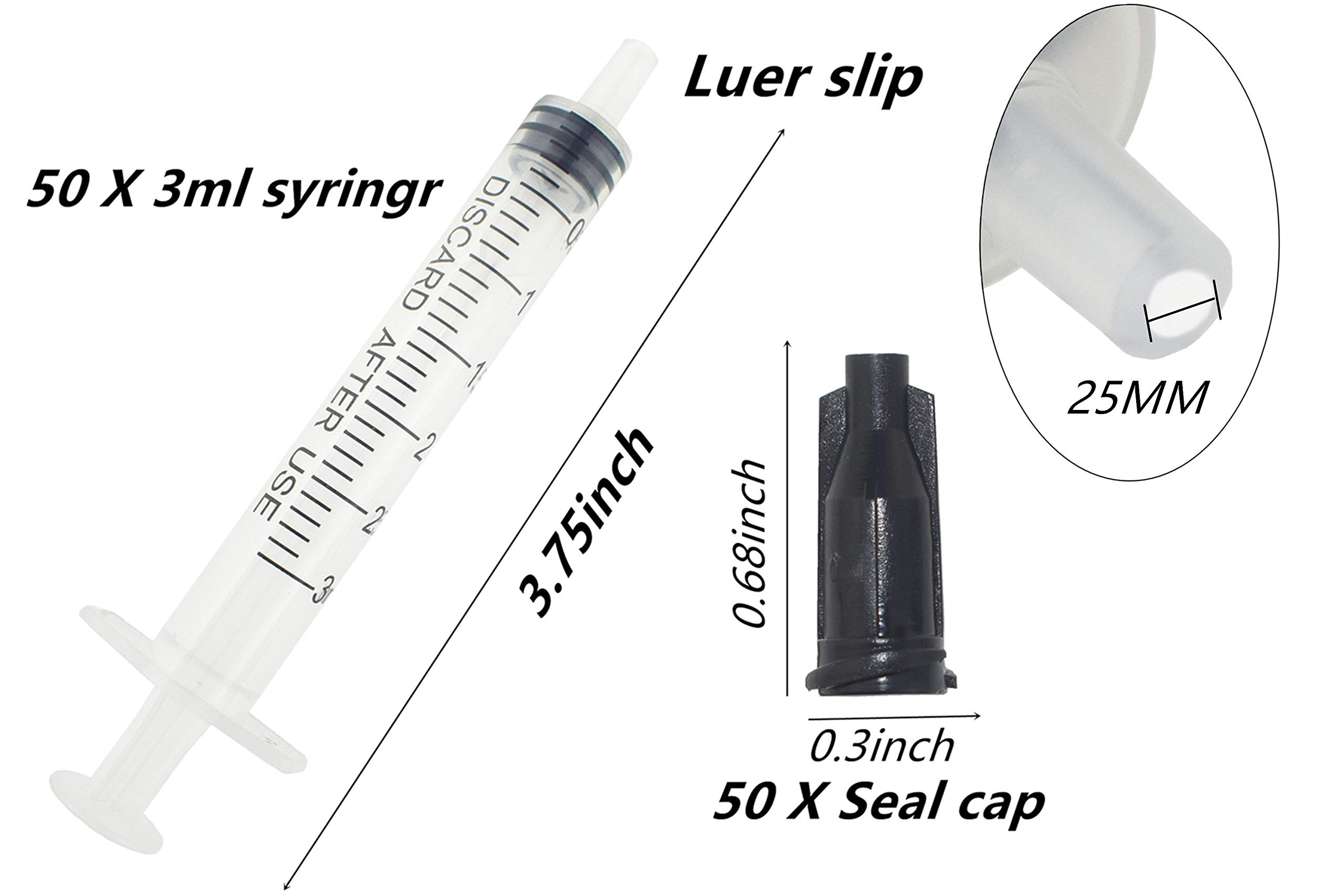 50 Pack 3ML Plastic Syringe Luer Slip with Cap, Great for Measuring, Refilling Watering and Pets Feeding, Not-Sterile (3ML)