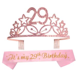 meant2tobe 29th birthday sash and tiara for women - fabulous set: glitter sash + stars rhinestone pink premium metal tiara for women, 29th birthday gifts for 29th birthday party