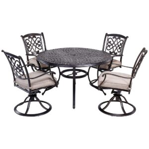 dali 5 piece outdoor dining set patio furniture, deep cushioned aluminum swivel rocker chair set with 48 inch round alum casting table