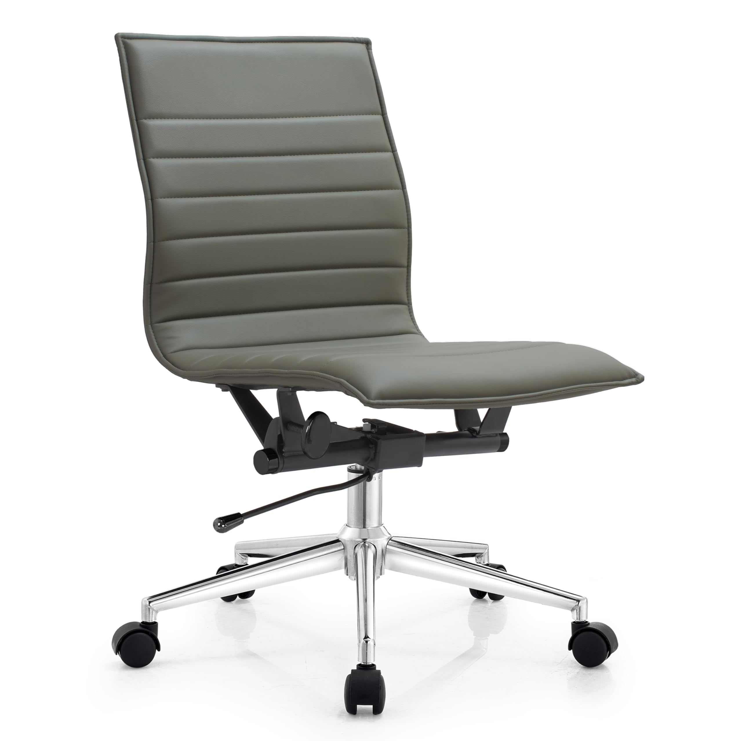 2xhome Modern Office Desk Chair | Upholstered PU Leather Ribbed Armless Mid Back with Metal Frame | Adjustable Height, Tilt Lock | Computer, Home, Executive, Conference, Meetings, Gray