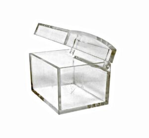 clear acrylic box with hinged lid; small treasure chest shape container with bonus perfume studio pure parfum 2ml sample. (12 units)