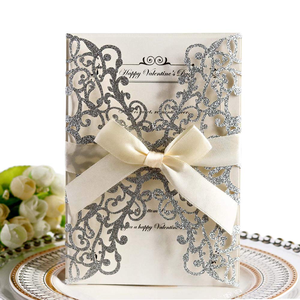 Wedding Invitation Cards,10PCS Hollow Floral Design Invites Card with Ribbon Best for Bridal Showers, Engagement Parties, Includes 10x [Covers + Blank Card +Ribbon] (Glitter Silver)