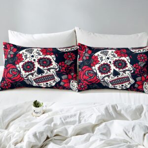 Gothic Skull Comforter Cover Set Queen Size, Death Skull Duvet Cover for Boys Girls Adults Sugar Skull Bedding Set Skeleton Decor Bedspread Cover Red Rose Floral Bedding,1 Duvet Cover 2 Pillow Shams