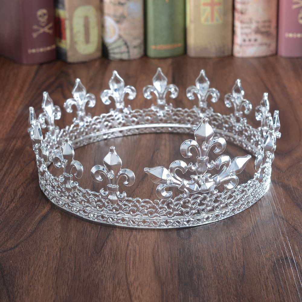 S SNUOY King Crowns for Men Silver Crown Full Metal Tiaras Male's Pageant Party Hats Medieval Prom Costume Hair Accessories Mens Crown