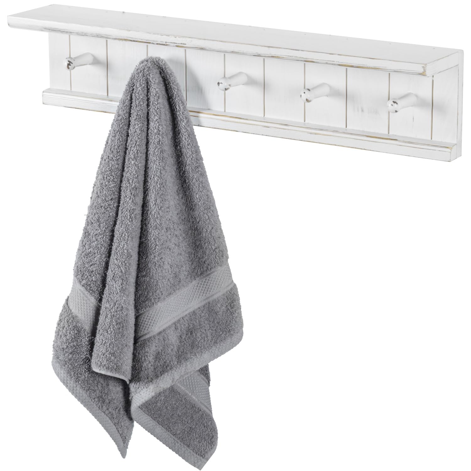 MyGift Wall Mounted 5-Hook Vintage White Wood Floating Bathroom Shelf & Towel Rack