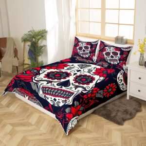 Gothic Skull Comforter Cover Set Queen Size, Death Skull Duvet Cover for Boys Girls Adults Sugar Skull Bedding Set Skeleton Decor Bedspread Cover Red Rose Floral Bedding,1 Duvet Cover 2 Pillow Shams