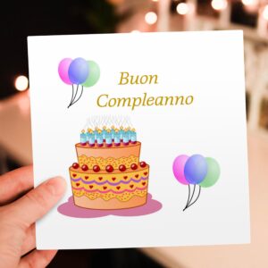 3dRose Greeting Card - Image of Happy Birthday In Italian With Cake And Balloons - lens Art by Florene - Special Occasion In Italian