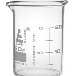 EISCO 12PK Beakers, 20ml - ASTM - Low Form with Spout - Dual Scale, White Graduations - Borosilicate 3.3 Glass