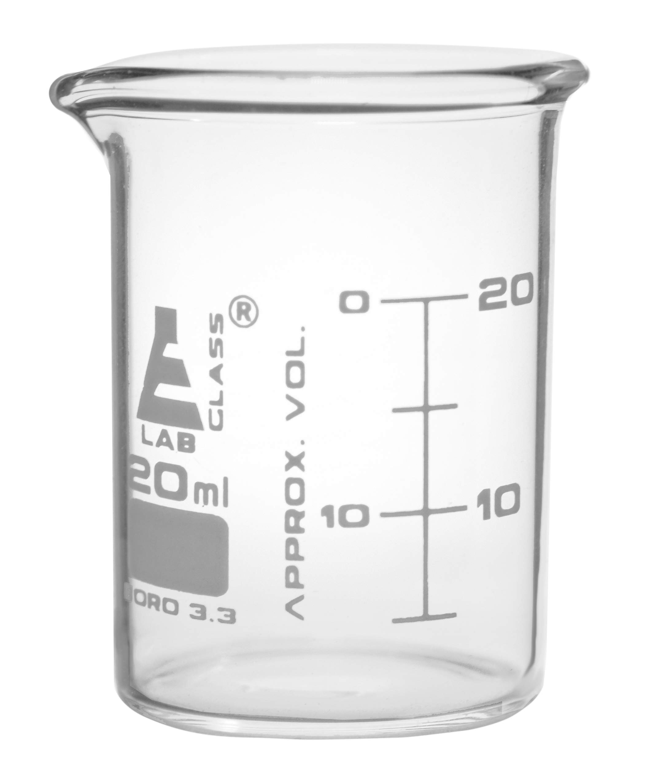 EISCO 12PK Beakers, 20ml - ASTM - Low Form with Spout - Dual Scale, White Graduations - Borosilicate 3.3 Glass