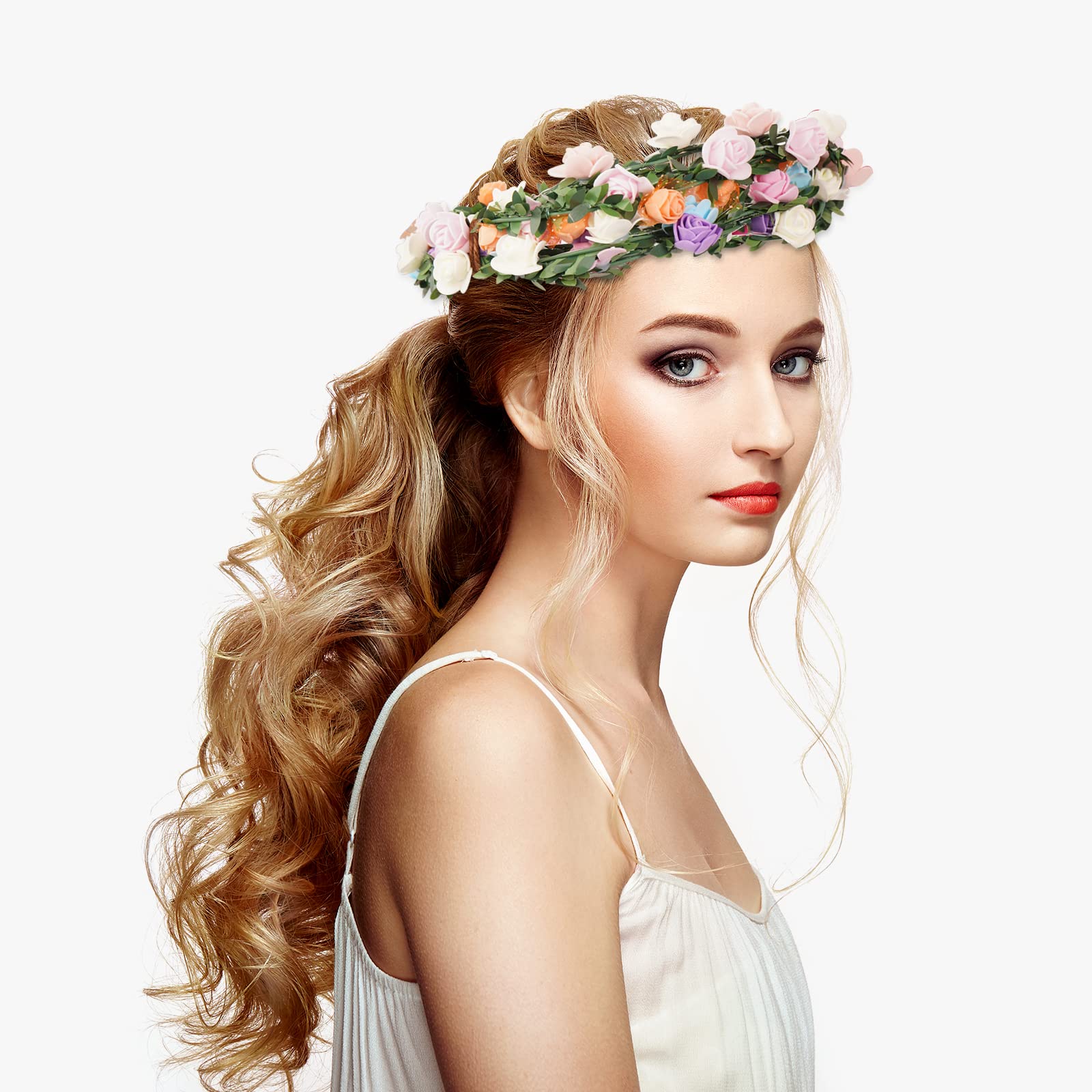 AmFor 22 Pcs Multicolor Rose Flower Wreath Crown Headband Garland Headpiece for Music Festival Celebration Beach Wedding Party