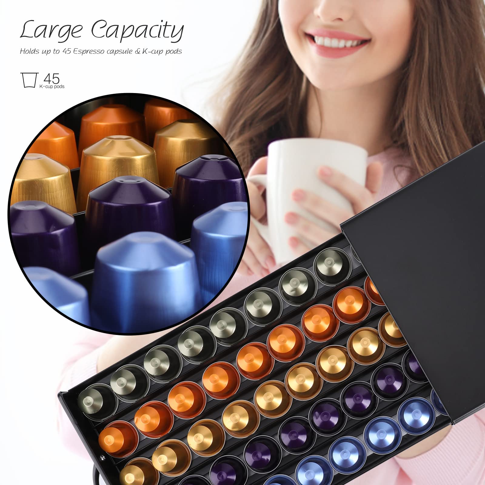 LUOOV Keurig Storage Drawer for K Cups Compatible Nespresso Pods Vertuo Holder Drawer k cup Drawer Coffee Pod Organizer Keurig Pod Drawer, Kcup Holder for Nespresso Vertuo Capsule Counter 50PCS(Black)