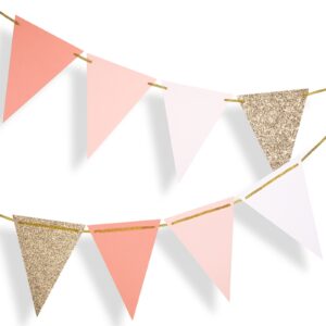 fonder mols 10-feet vintage style pennant banner, rose gold party banner, paper triangle flags bunting for boho wedding party, baby shower, girl room nursery decoration (ivory+pink+rose gold glitter)