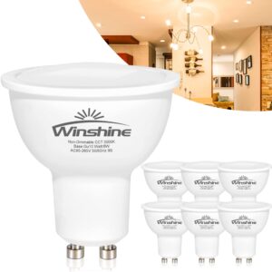 winshine gu10 led bulb, 50w halogen equivalent light bulbs, 3000k warm white 2 prong base gu10 bulb, led halogen replacement bulbs for recessed track light 120v 550lm 120 degree, non-dimmable 6 pack