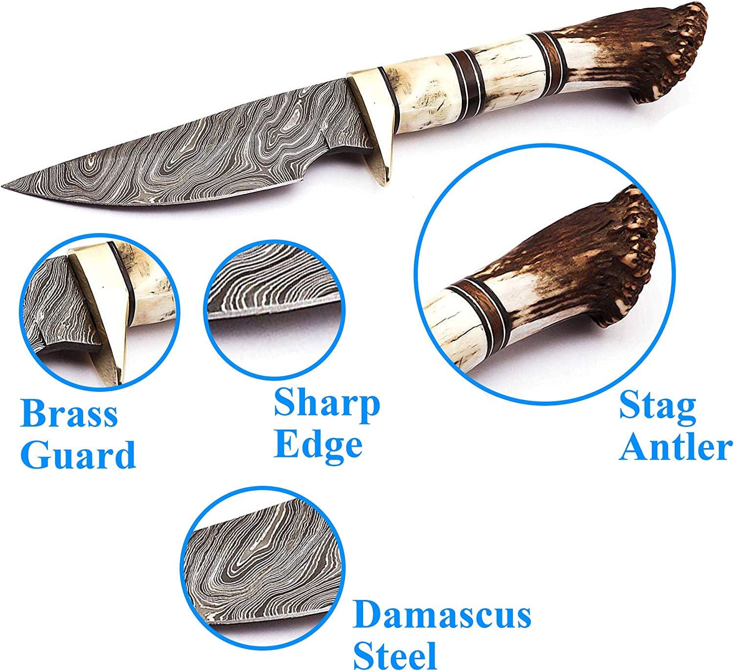 Skokie Knives Custom Hand Made Damascus Steel Hunting Knife Handle Stag Antler