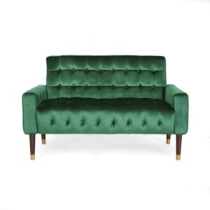 christopher knight home aubrie tufted velvet loveseat tipped tapered legs, emerald and gold finish