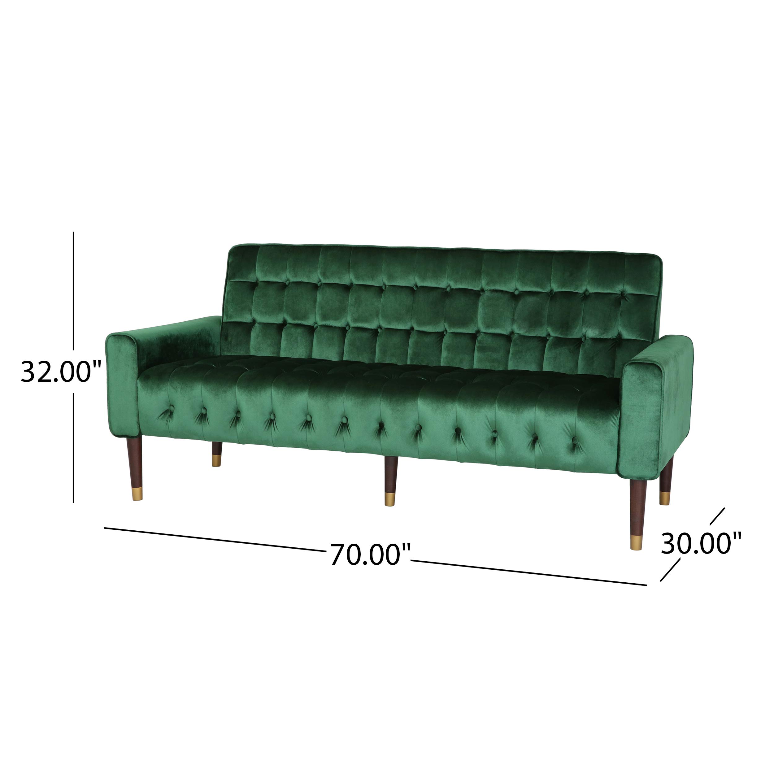 Christopher Knight Home Adan Tufted Velvet Sofa Tipped Tapered Legs, Emerald and Gold Finish