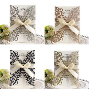 Wedding Invitation Cards,10PCS Hollow Floral Design Invites Card with Ribbon Best for Bridal Showers, Engagement Parties, Includes 10x [Covers + Blank Card +Ribbon] (Glitter Silver)