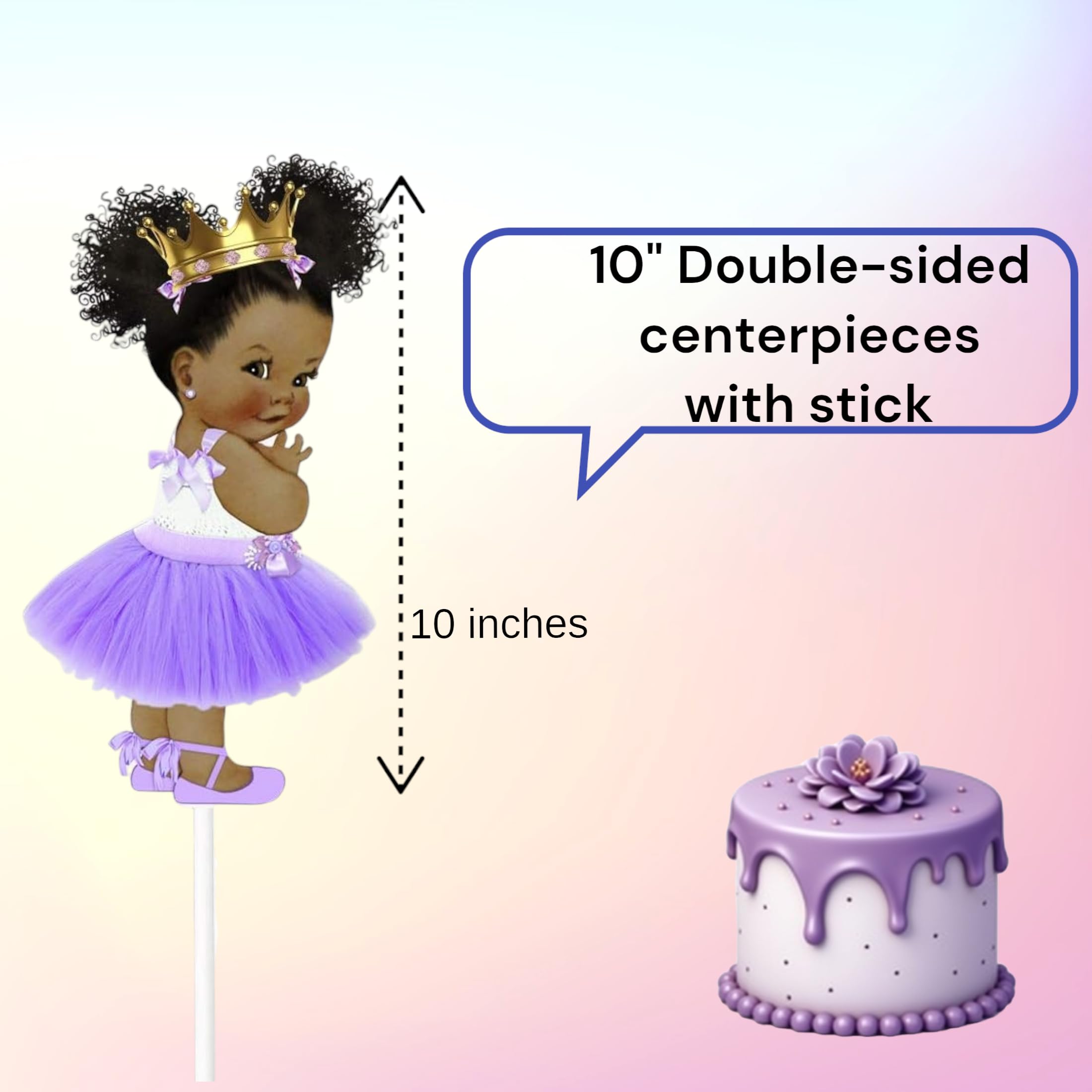 Little Lavender Princess Table Decoration Centerpieces, Set of 3 African American Princess Royal Birthday Cake Centerpieces