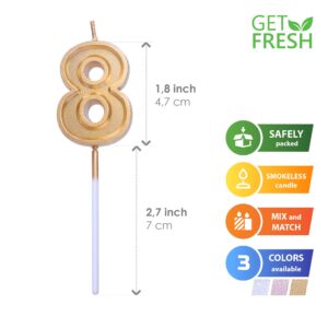 GET FRESH Number 8 Birthday Candle – Gold Number Eight Candle on Stick – Elegant Gold Number Candles for Birthday Anniversary Wedding – Perfect Baby’s 8th Birthday Candle Cake Topper – Gold 8 Candle