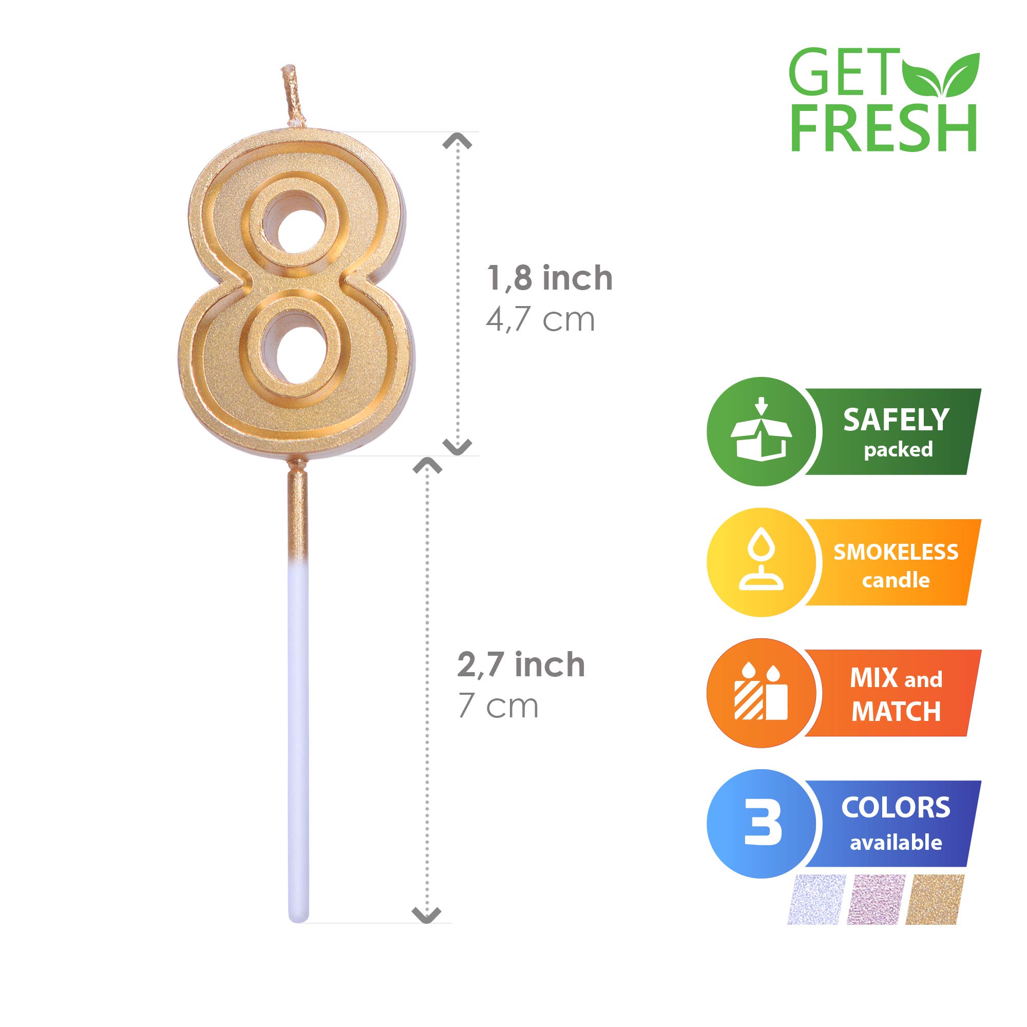 GET FRESH Number 8 Birthday Candle – Gold Number Eight Candle on Stick – Elegant Gold Number Candles for Birthday Anniversary Wedding – Perfect Baby’s 8th Birthday Candle Cake Topper – Gold 8 Candle