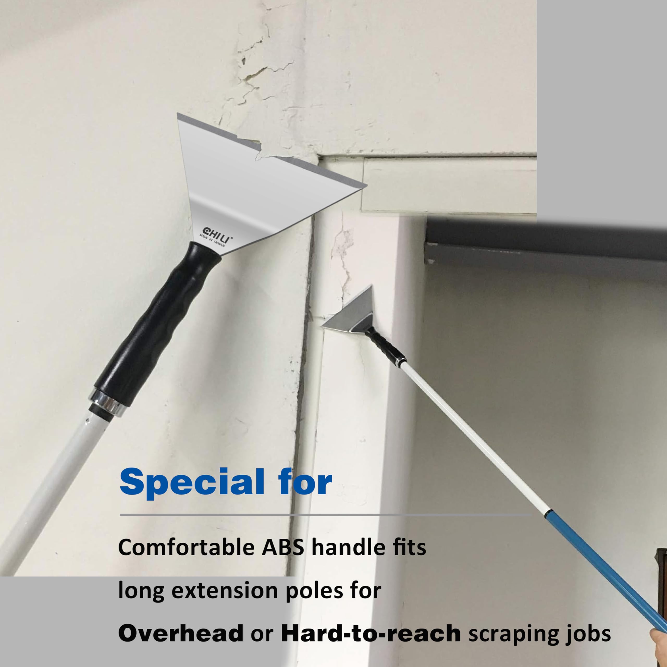 CHILI TOOLS 7" Bent Stainless Steel Chisel Pole Scraper, Overhead Paint Scraper for Wallpaper Ceiling Paint Removal, Made in Taiwan