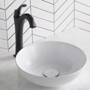 KRAUS Viva™ Round White Porcelain Ceramic Vessel Bathroom Sink with Pop-Up Drain, 13 in. D x 4 3/8 in. H, KCV-204GWH