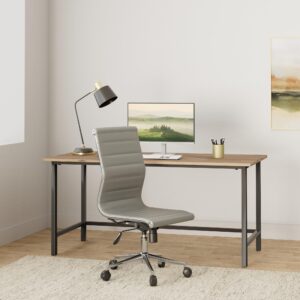 2xhome Modern Office Desk Chair | Upholstered PU Leather Ribbed Armless Mid Back with Metal Frame | Adjustable Height, Tilt Lock | Computer, Home, Executive, Conference, Meetings, Gray