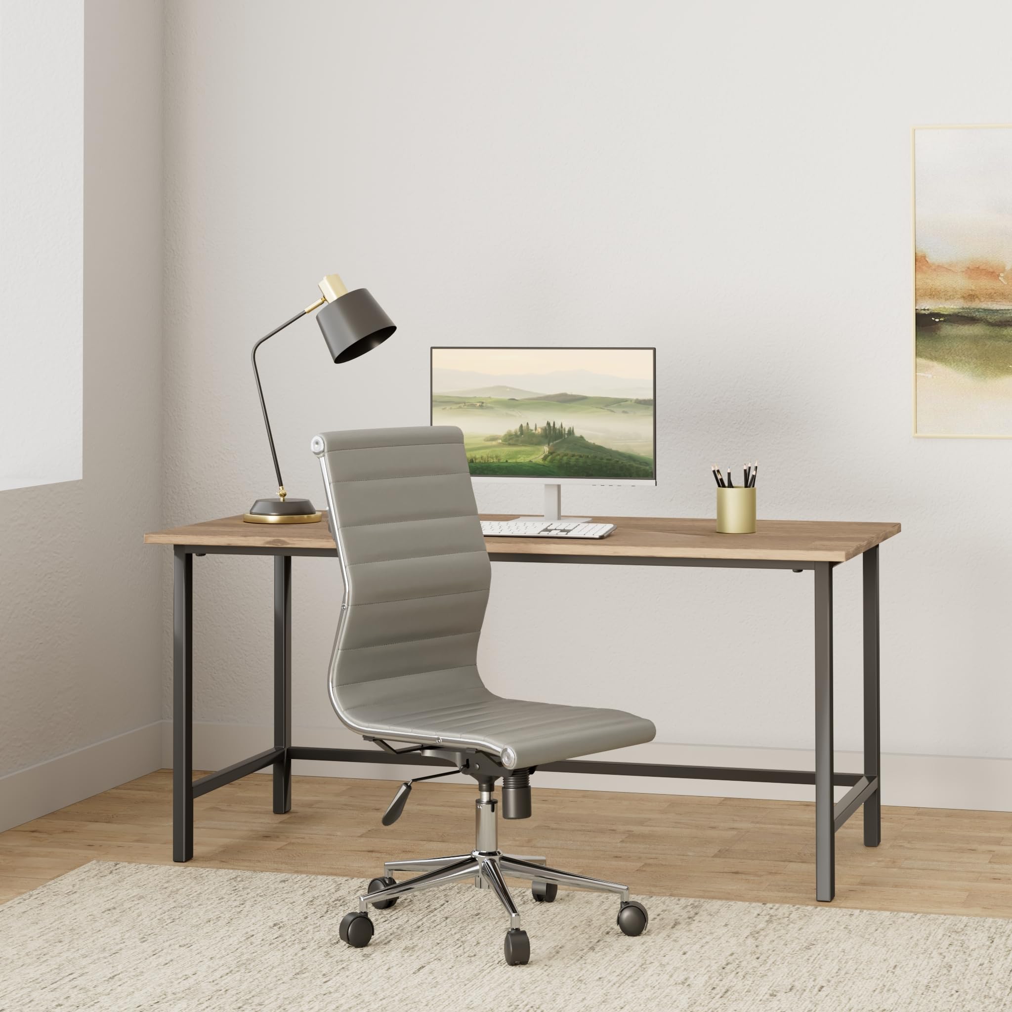 2xhome Modern Office Desk Chair | Upholstered PU Leather Ribbed Armless Mid Back with Metal Frame | Adjustable Height, Tilt Lock | Computer, Home, Executive, Conference, Meetings, Gray