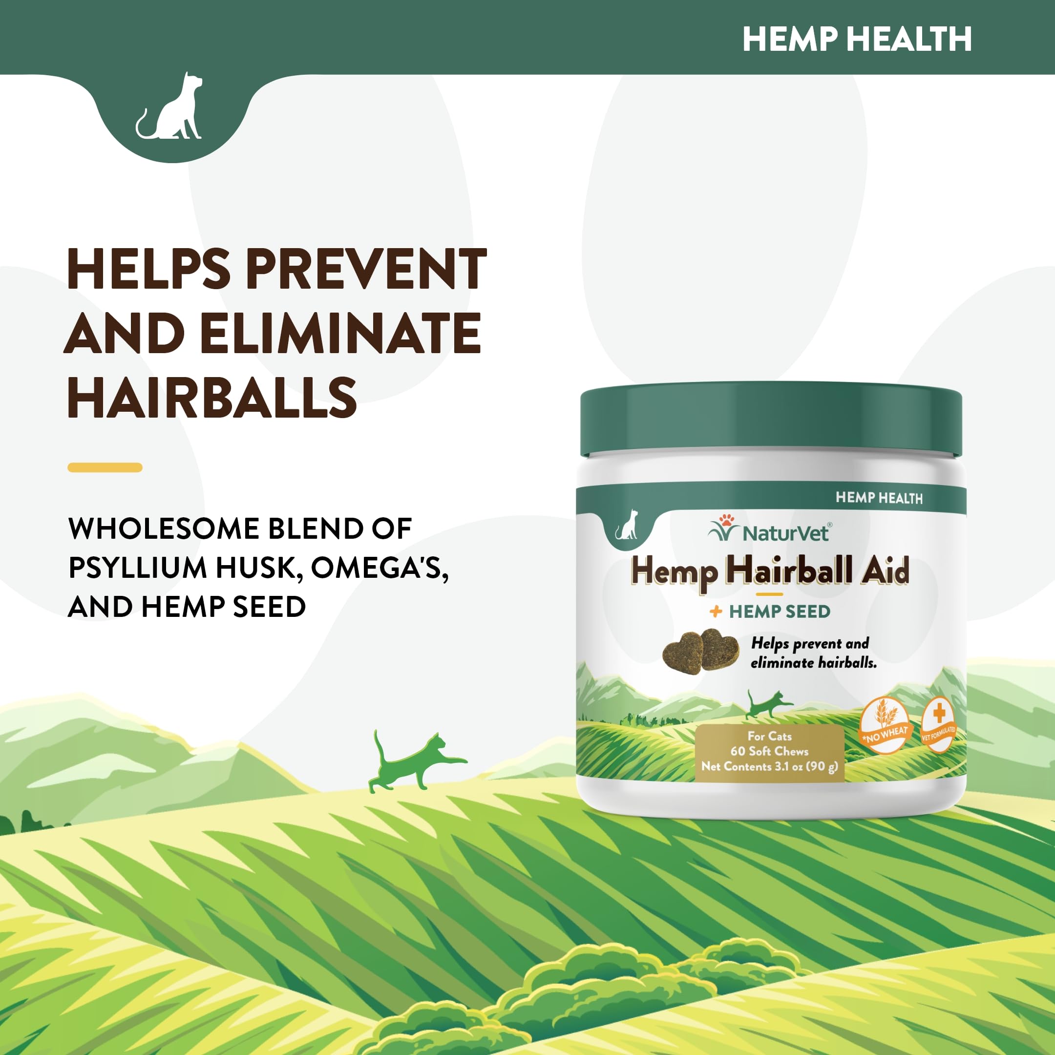 NaturVet Hemp Hairball Aid Plus Hemp Seed for Cats, 60 ct Soft Chews, Made in The USA